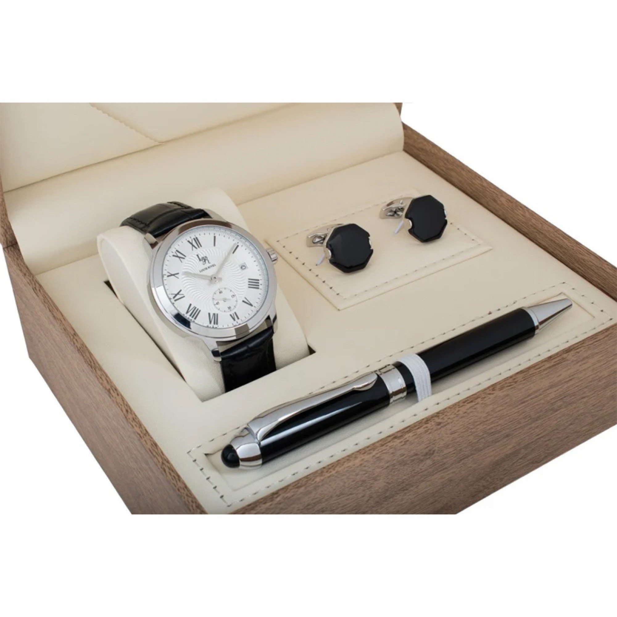 Black Leather Men's Watch Set Louis Rivet 23010 White Dial