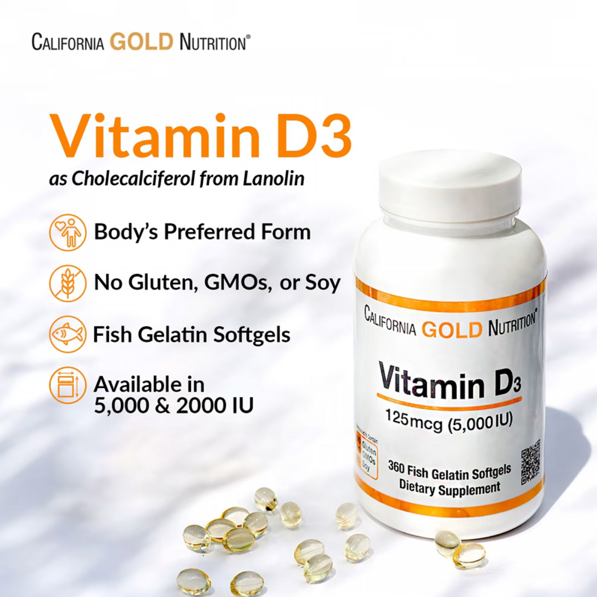 California Gold Nutrition, Vitamin D3, 125 mcg (5,000 IU), 360 Fish ...