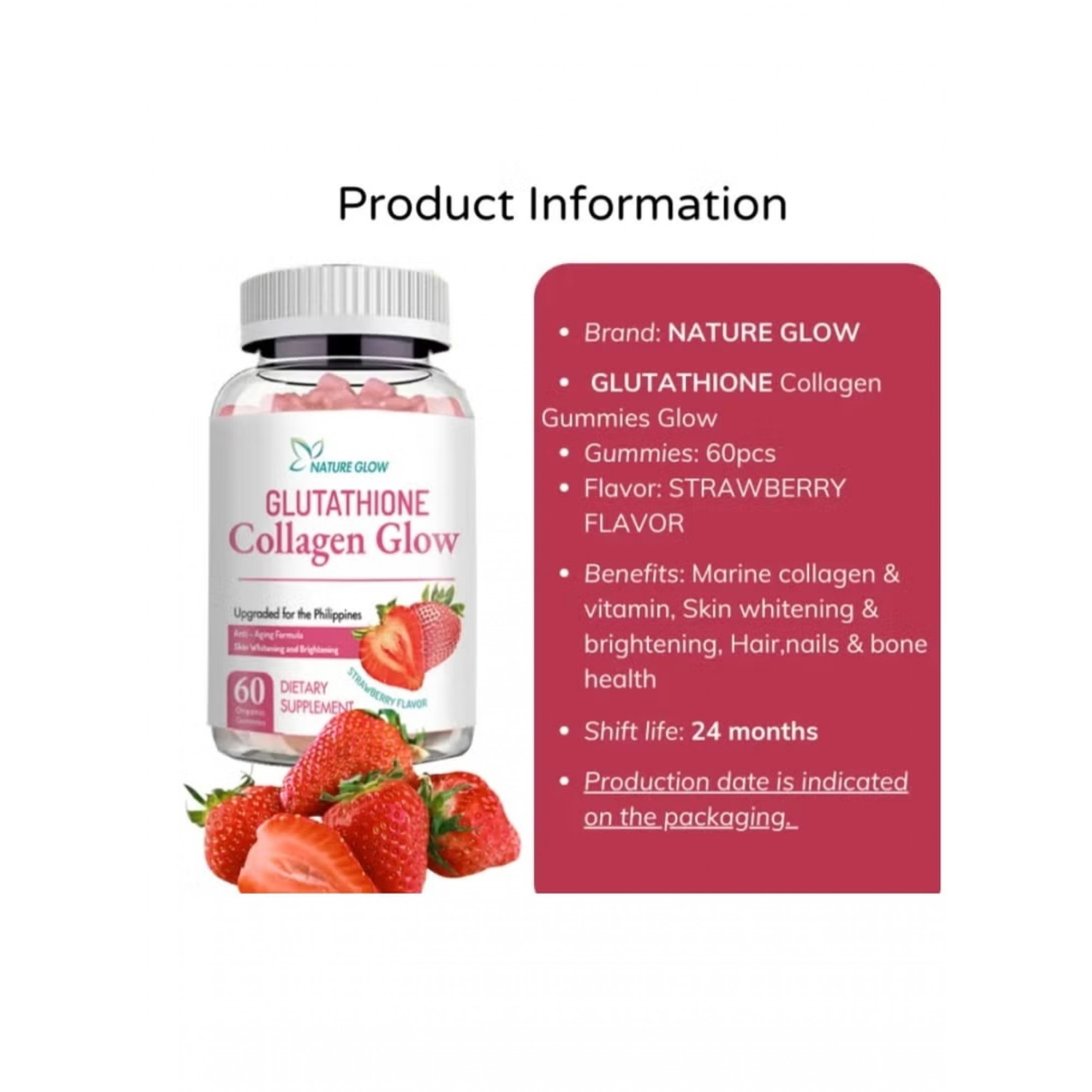 Collagen Glow, Anti-Aging Skin Whitening Vitamins, Strawberry Flavor